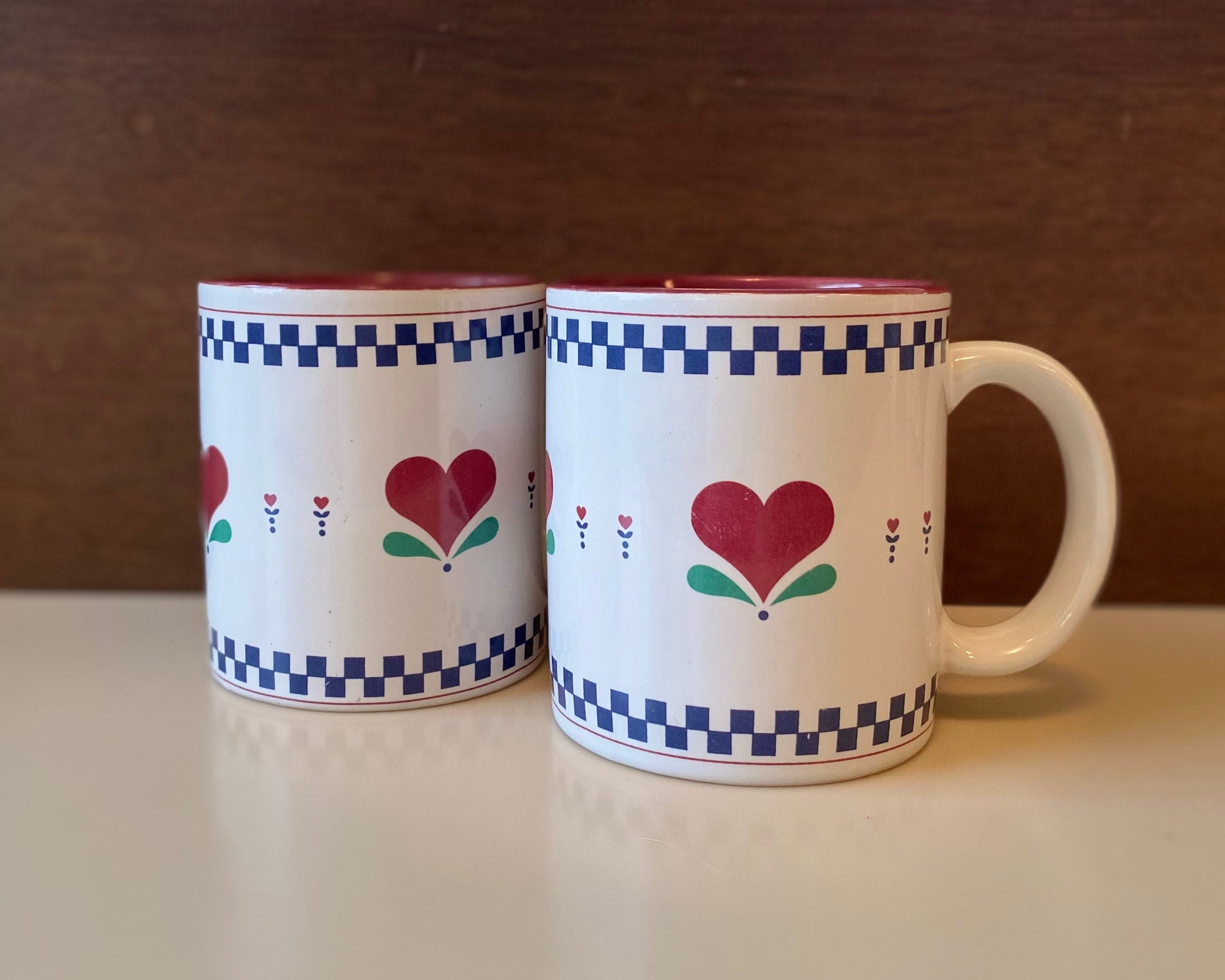Set of 2 Vintage 1990s Mugs With Hearts and Flowers Checkered Border ...