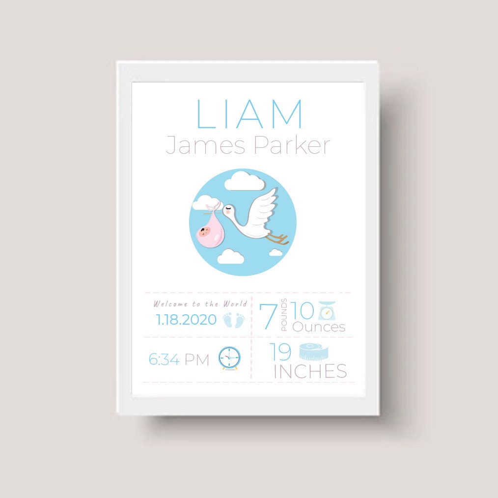 Stork & Baby Birth Announcement, Baby Birth Print, Personalized Birth ...
