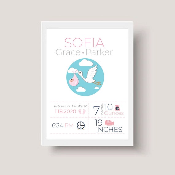 Stork & Baby Birth Announcement Baby Birth Print - Etsy