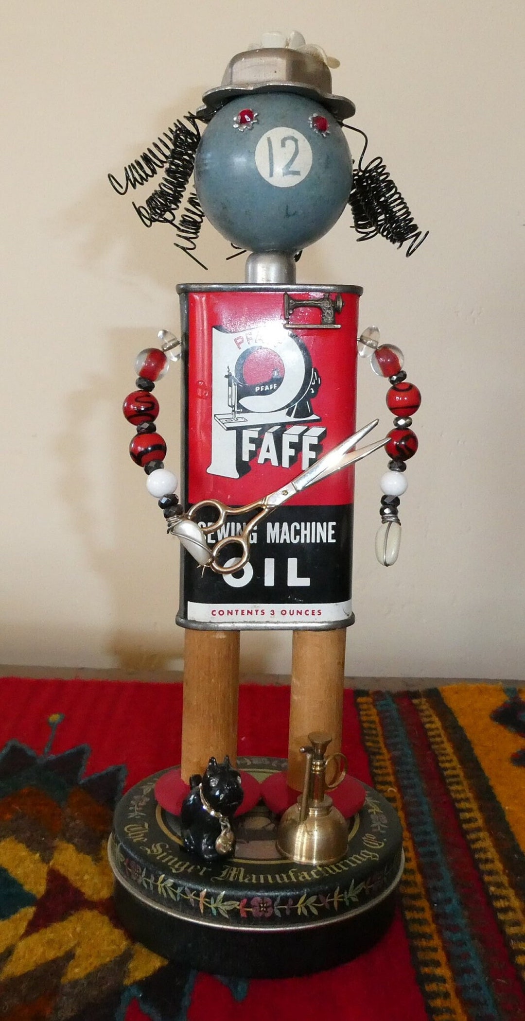 Assemblage Art Girl Figurine Bot With Sewing Machine Oil Tin Body ...