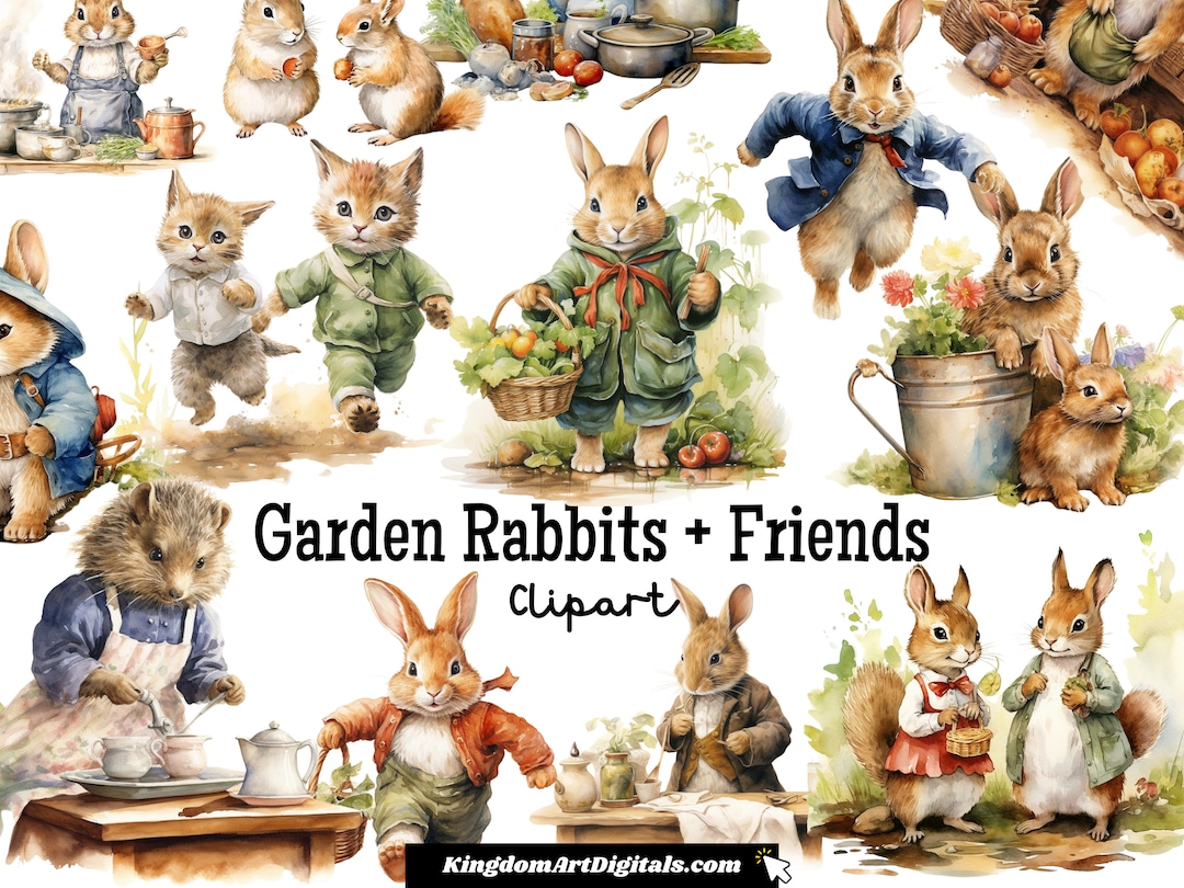 Garden Rabbits Clipart Set PNG Nature Easter Animals Greenery Bunny ...