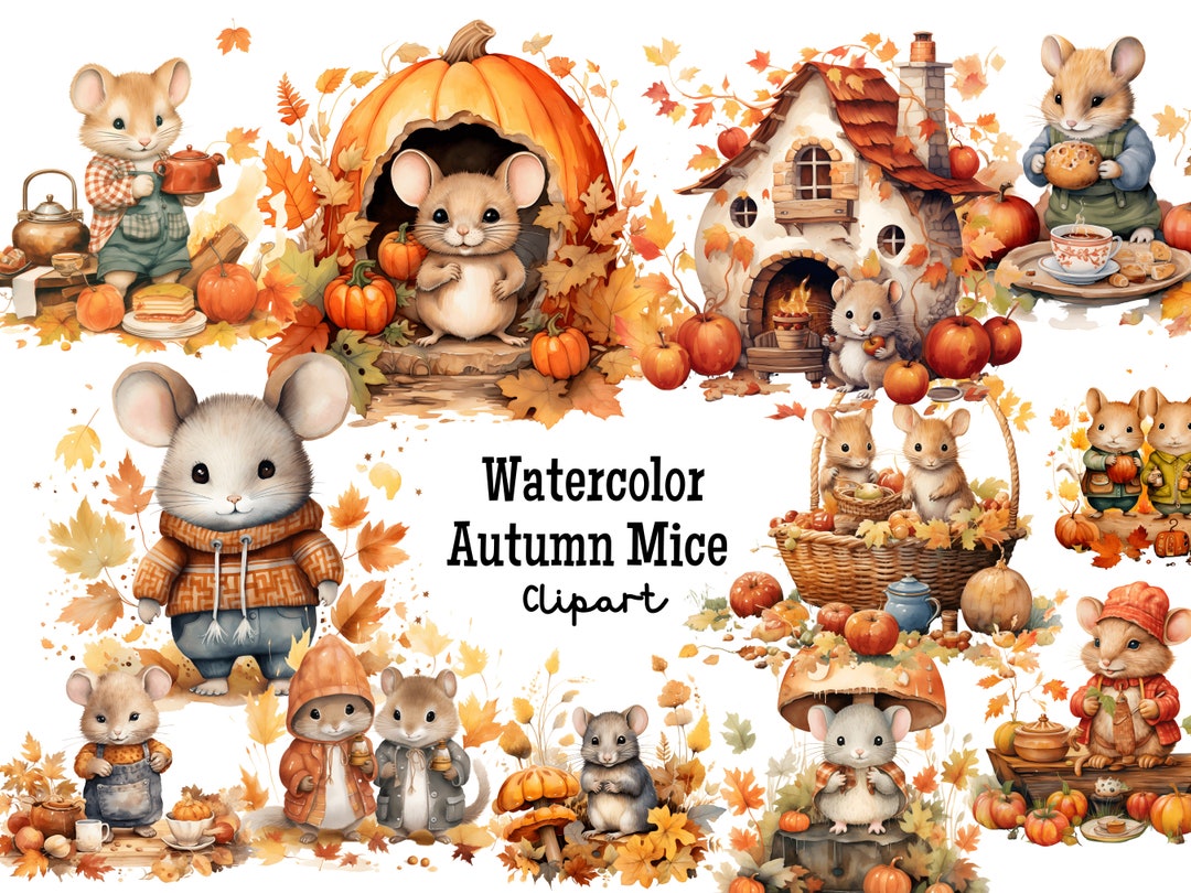 Watercolor Autumn Mice Clipart Set PNG | Fall Mouse Halloween Leaves ...