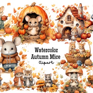 Watercolor Autumn Mice Clipart Set PNG | Fall Mouse Halloween Leaves ...