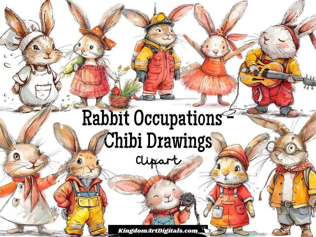 Rabbit Occupation Jobs Chibi Drawings Clipart Set PNG Whimsical Bunny ...