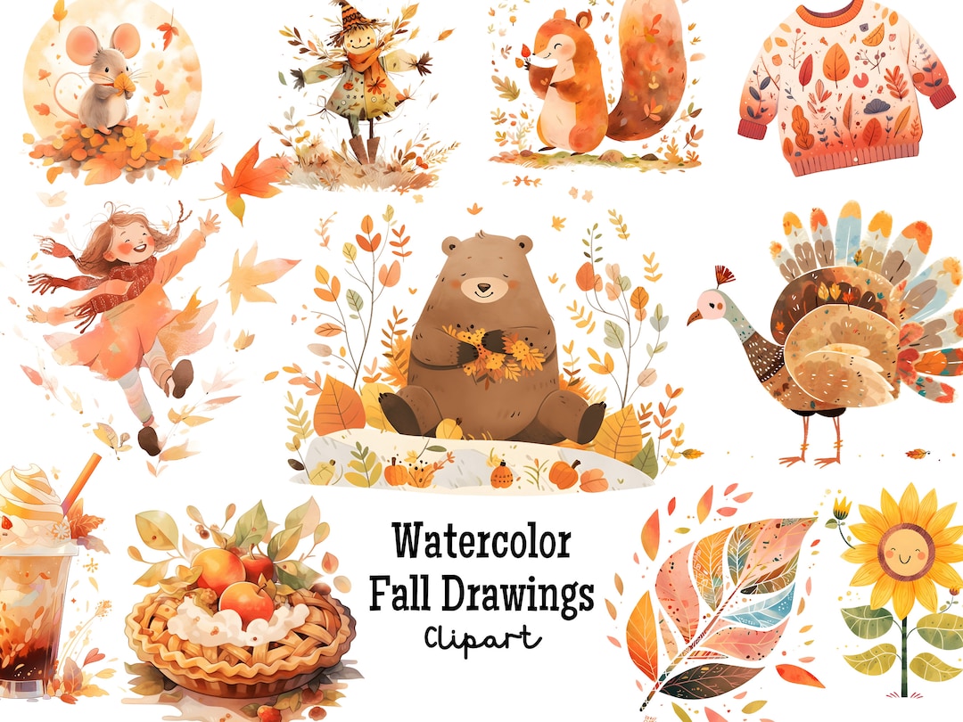 Fall Watercolor Clipart Set PNG Autumn Thanksgiving Forest Animals ...