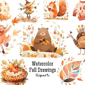 Fall Watercolor Clipart Set PNG | Autumn Thanksgiving Forest Animals ...
