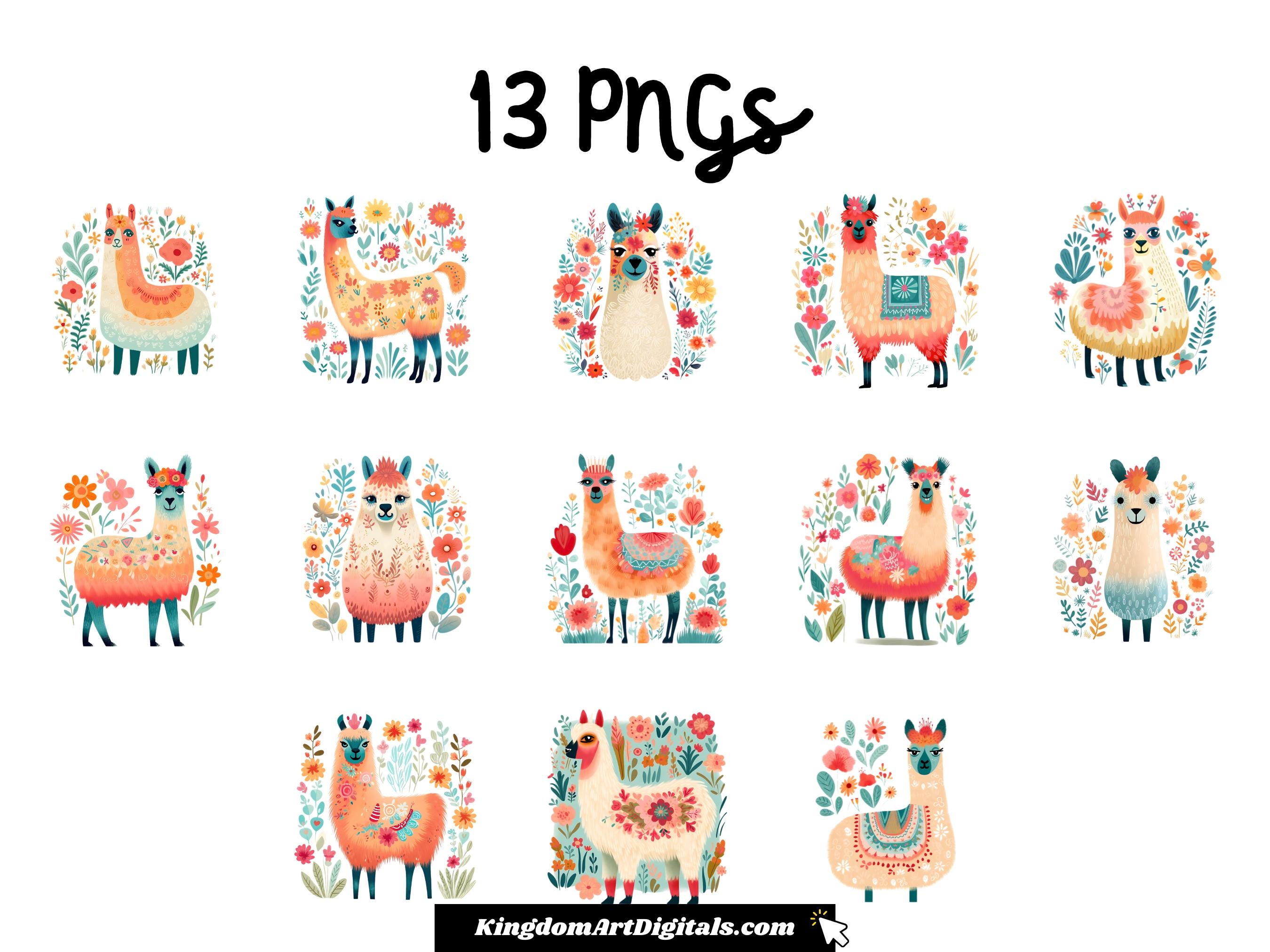 Llama Flower Motif 2 Clipart Set PNG | Colorful Soft Flower Printed ...