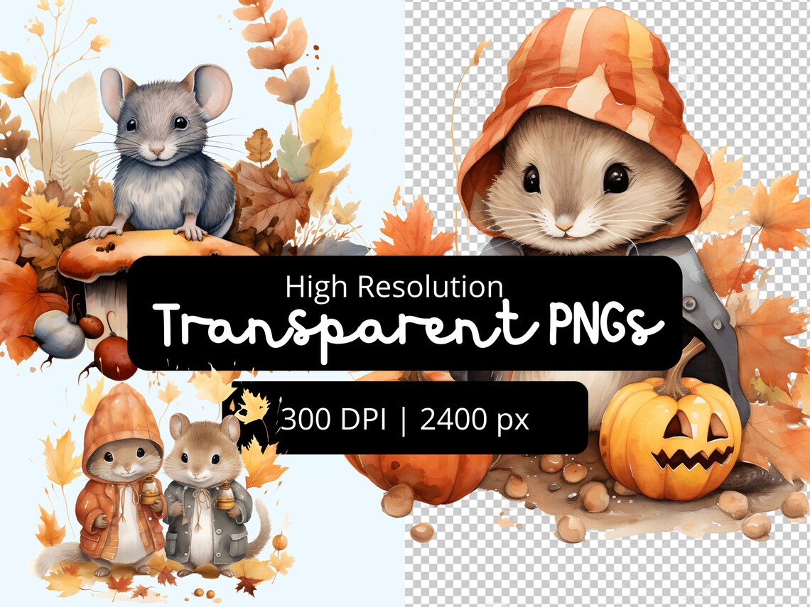 Watercolor Autumn Mice Clipart Set PNG | Fall Mouse Halloween Leaves ...