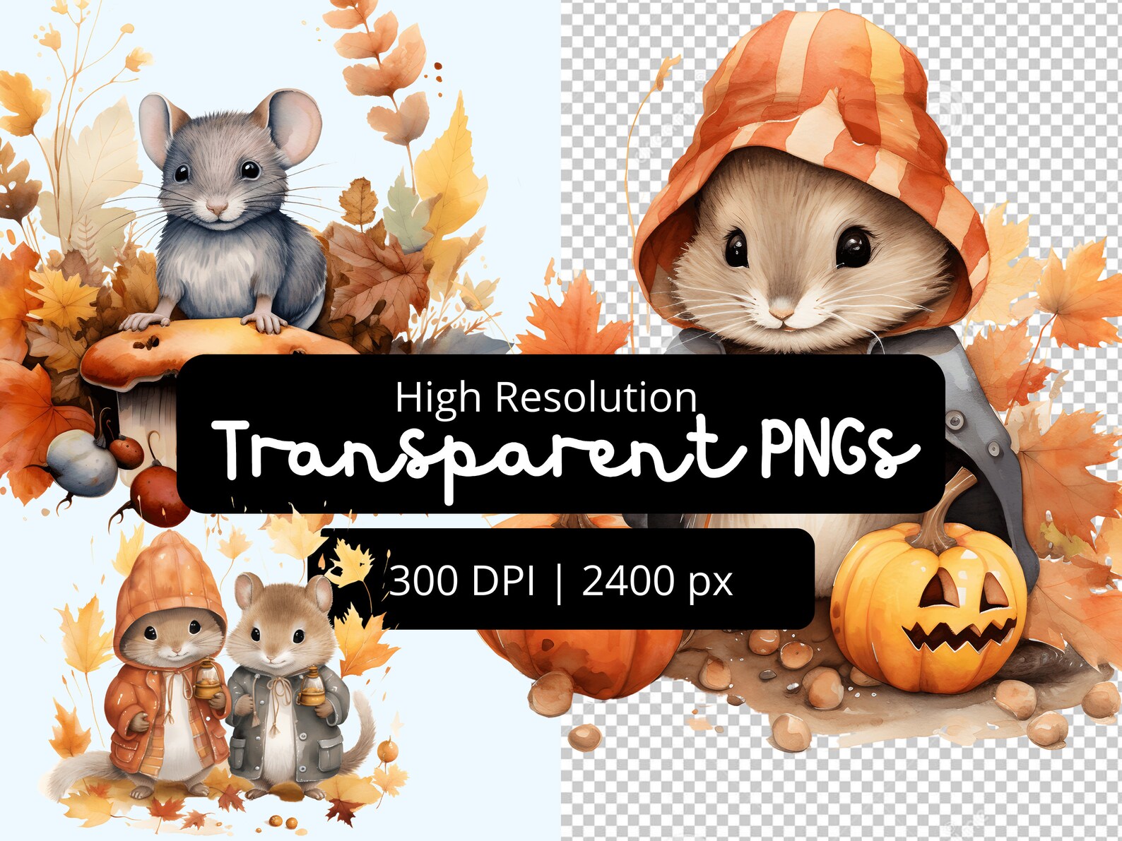 Watercolor Autumn Mice Clipart Set PNG | Fall Mouse Halloween Leaves ...