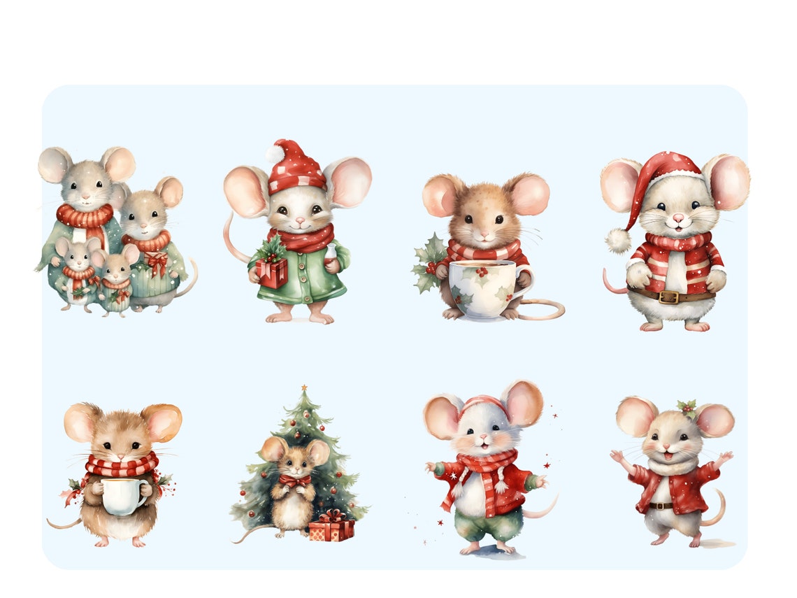 Watercolor Christmas Mice Clipart Set PNG | Winter Mouse Holiday Clip ...
