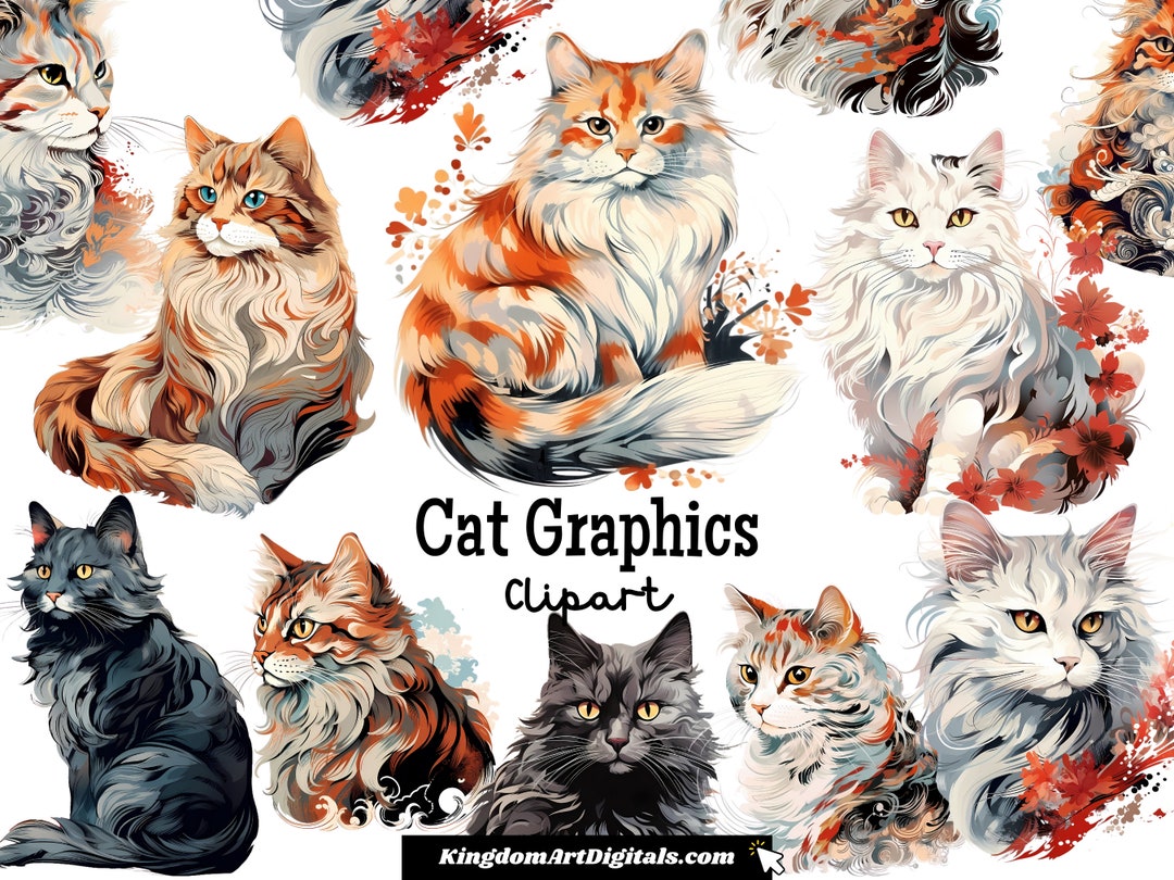 Cat Graphics Clipart Set | Furry Feline Pets, Companion House Cats ...