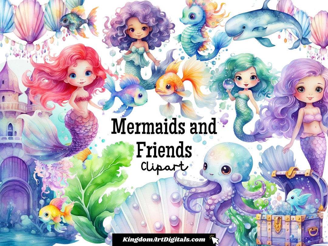 Mermaids and Friends Clipart Set PNG | Pastel Color Sea Creatures ...