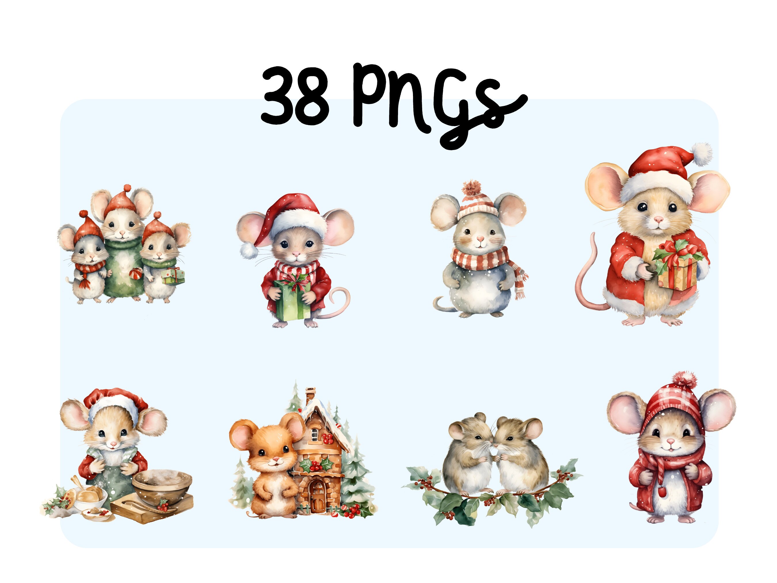 Watercolor Christmas Mice Clipart Set PNG | Winter Mouse Holiday Clip ...