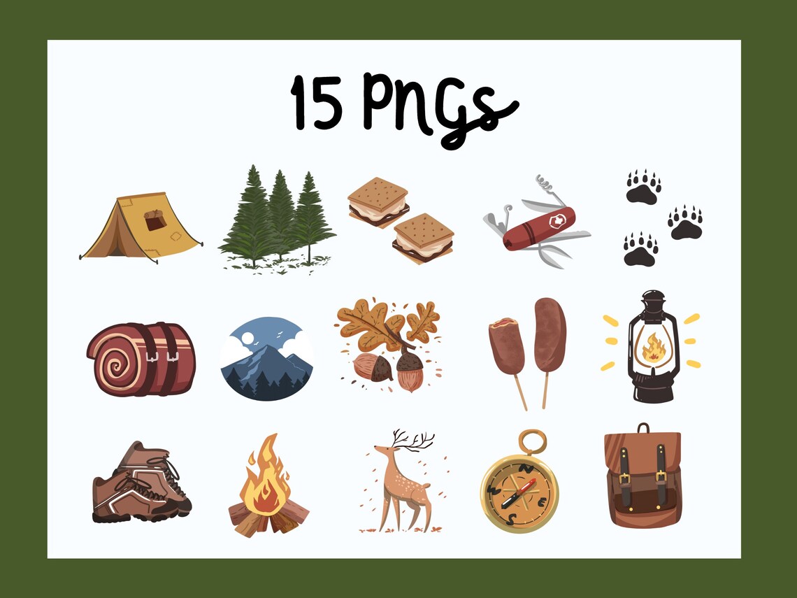 Camping Clipart Set PNG Hiking Wilderness Outdoors Vacation - Etsy
