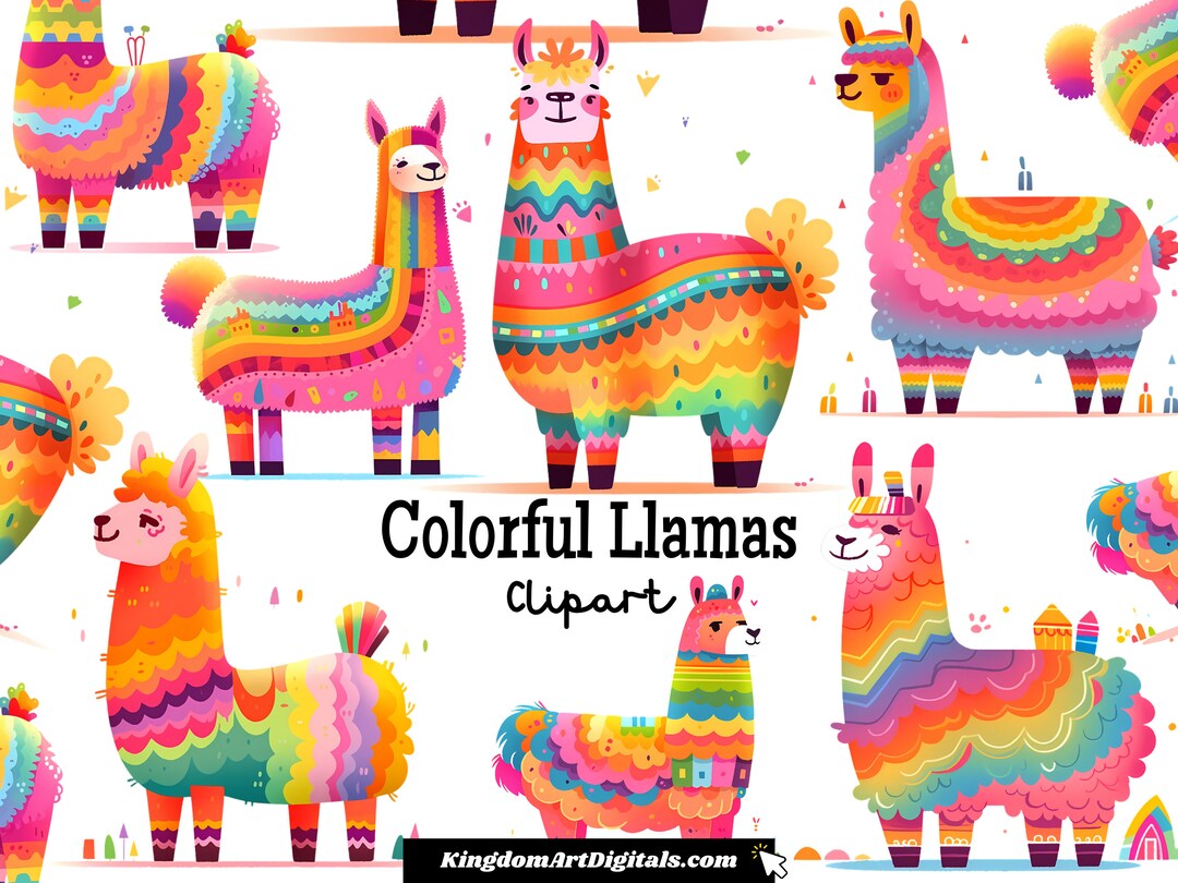 Colorful Llamas Clipart Set | Vibrant Bright Animal, Whimsical Abstract ...