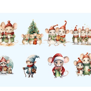 Watercolor Christmas Mice Clipart Set PNG Winter Mouse Holiday Clip Art ...