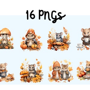 Watercolor Autumn Mice Clipart Set PNG | Fall Mouse Halloween Leaves ...