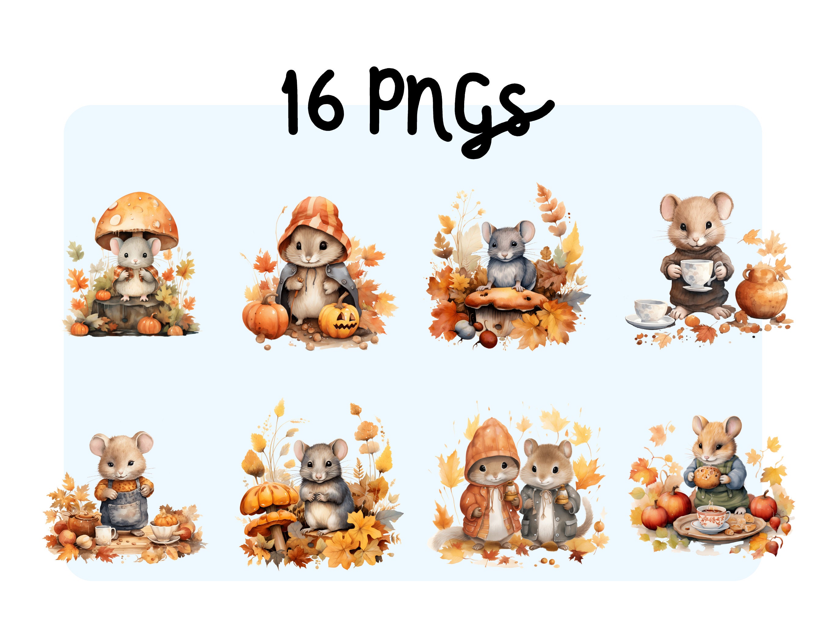 Watercolor Autumn Mice Clipart Set PNG | Fall Mouse Halloween Leaves ...
