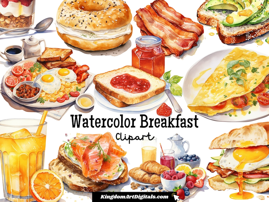 Watercolor Breakfast Clipart Set PNG | Morning Meal Pancakes Sausage ...