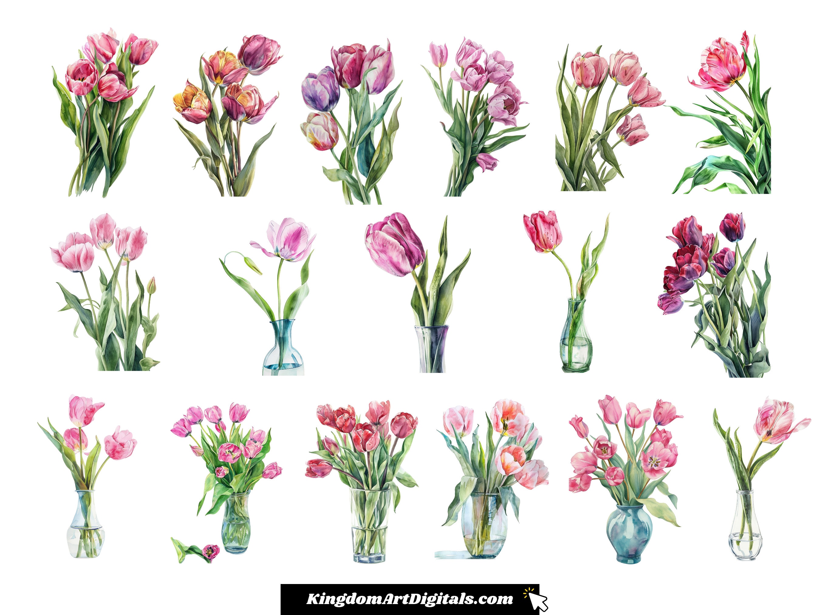 Watercolor Pink Tulips Clipart Set| Bright Pastel Fresh Pink Flowers ...