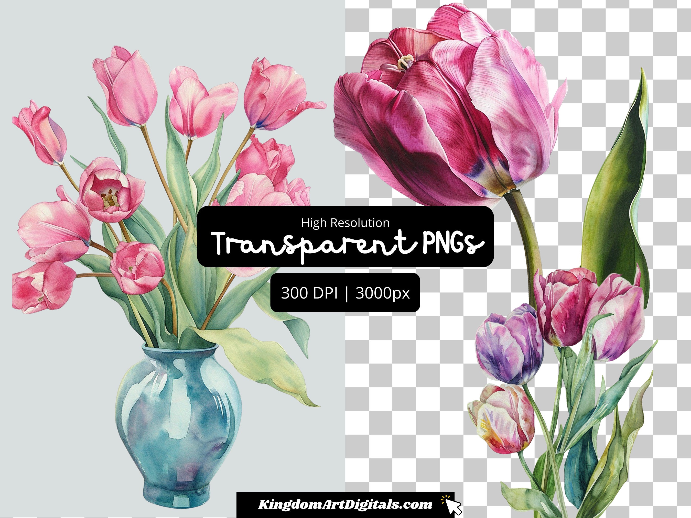 Watercolor Pink Tulips Clipart Set| Bright Pastel Fresh Pink Flowers ...
