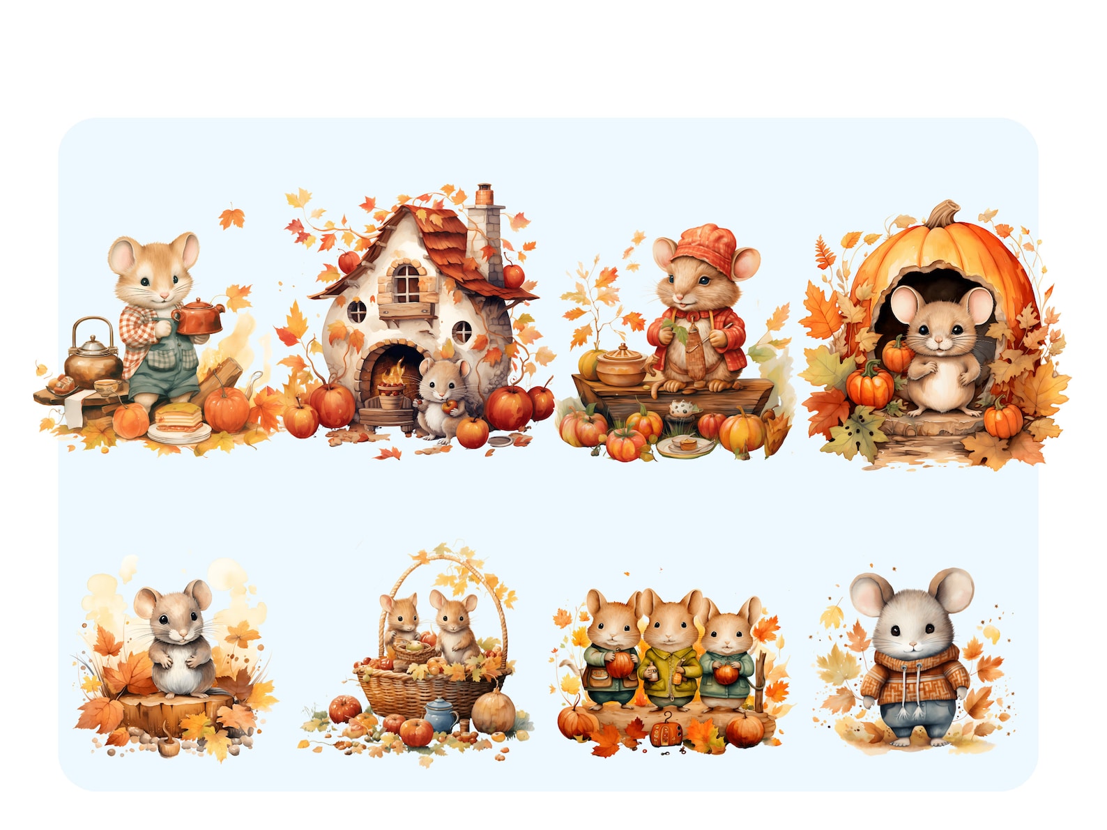 Watercolor Autumn Mice Clipart Set PNG | Fall Mouse Halloween Leaves ...