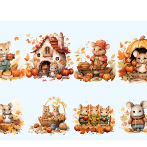 Watercolor Autumn Mice Clipart Set PNG | Fall Mouse Halloween Leaves ...