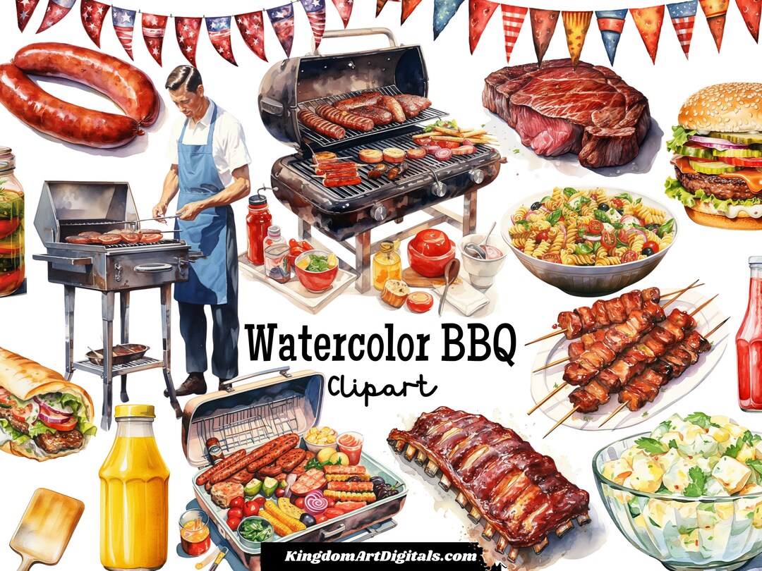 Watercolor BBQ Clipart Set PNG | Outdoor Fire Grilling Delicious ...