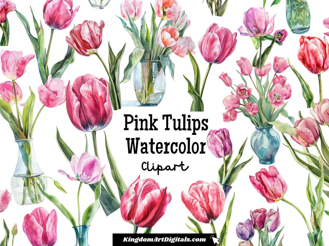 Watercolor Pink Tulips Clipart Set| Bright Pastel Fresh Pink Flowers ...