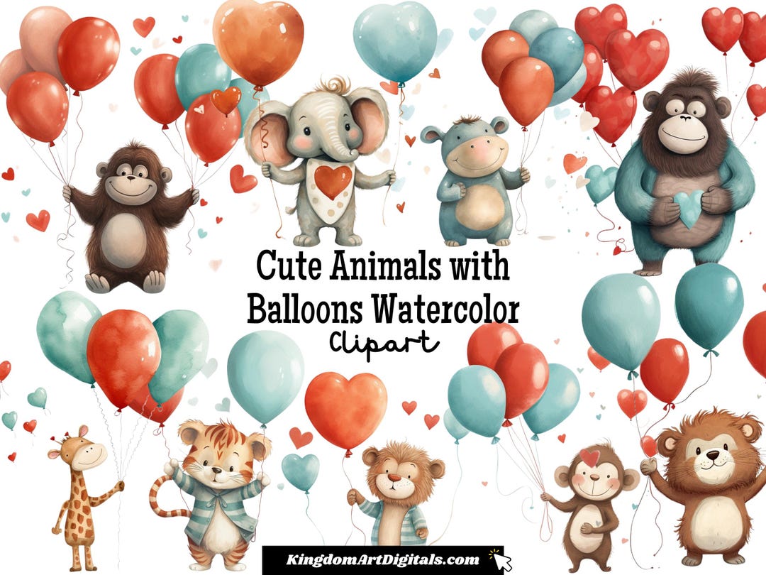 Watercolor Cute Animals With Balloons Birthday Clipart Set PNG Adorable ...