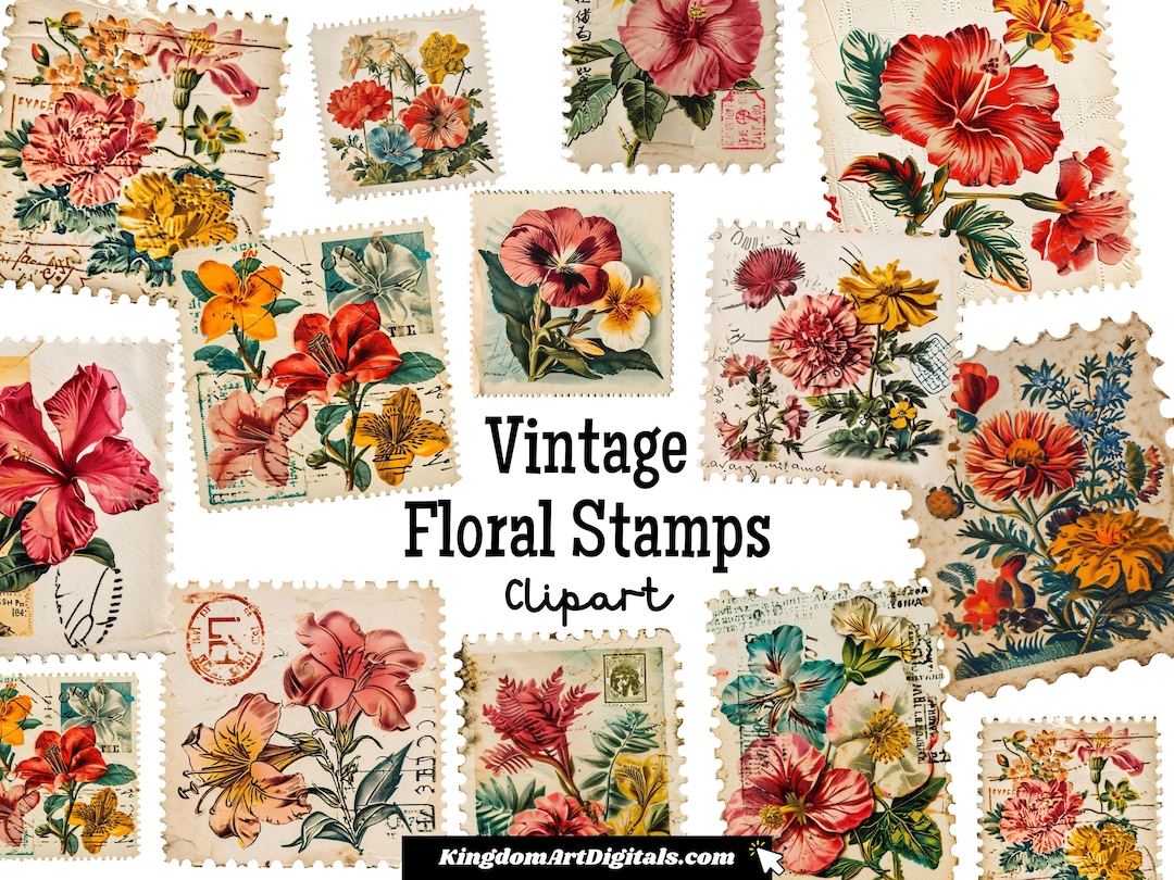 Vintage Flower Stamp Clipart Set PNG | Ephemera Junk Journal ...