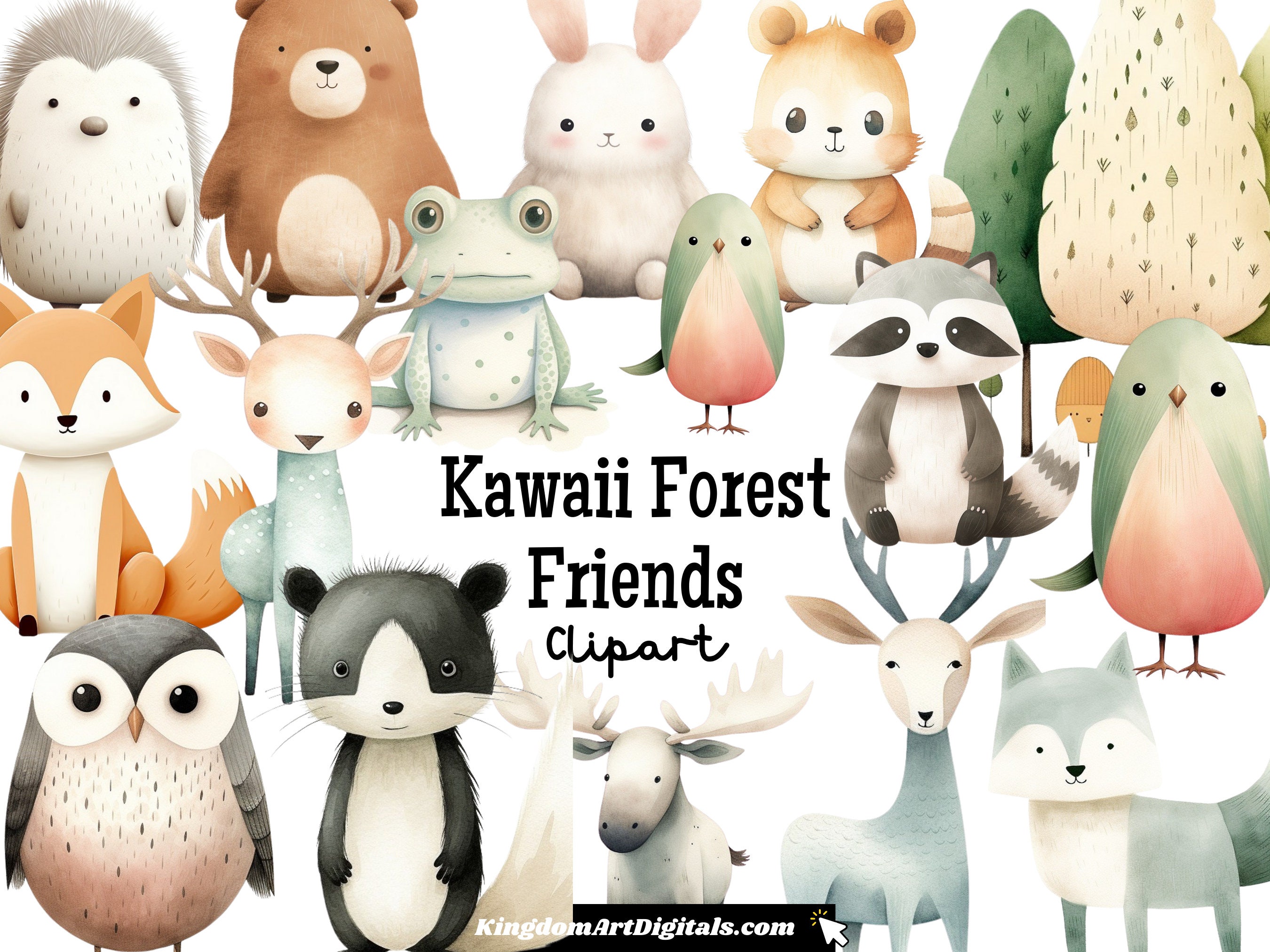 Kawaii Forest Friends Clipart Set PNG | Cute Adorable Painted Forest ...