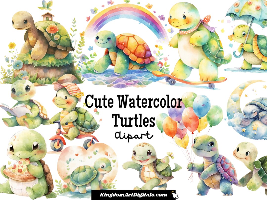 Watercolor Cute Turtles Clipart Set | Colorful Painted Tortoise ...