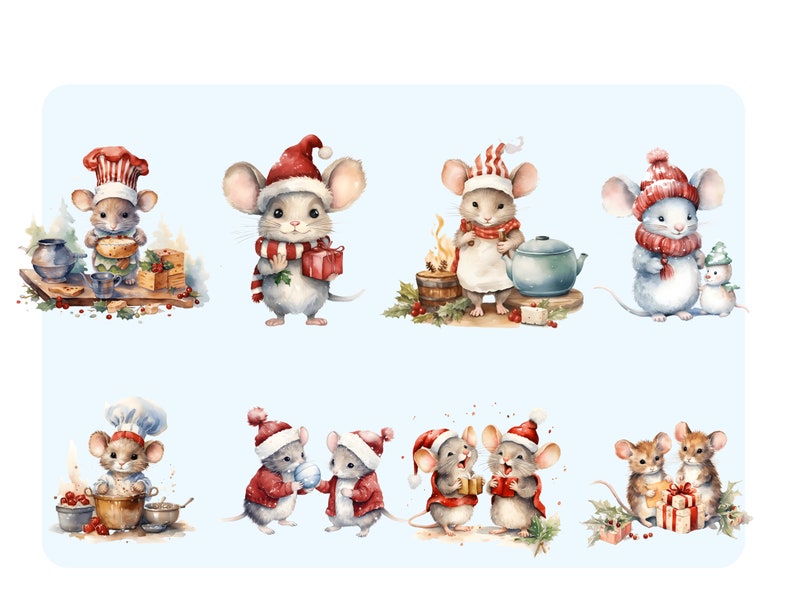 Watercolor Christmas Mice Clipart Set PNG | Winter Mouse Holiday Clip ...
