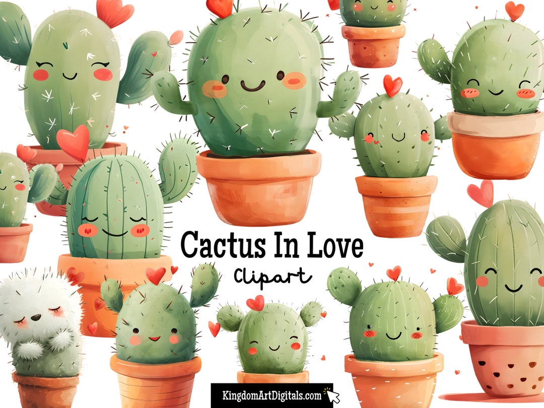 Cute Cactus Valentines Day Clipart Set Kawaii Digital Love PNG Bundle ...