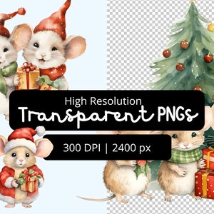 Watercolor Christmas Mice Clipart Set PNG | Winter Mouse Holiday Clip ...