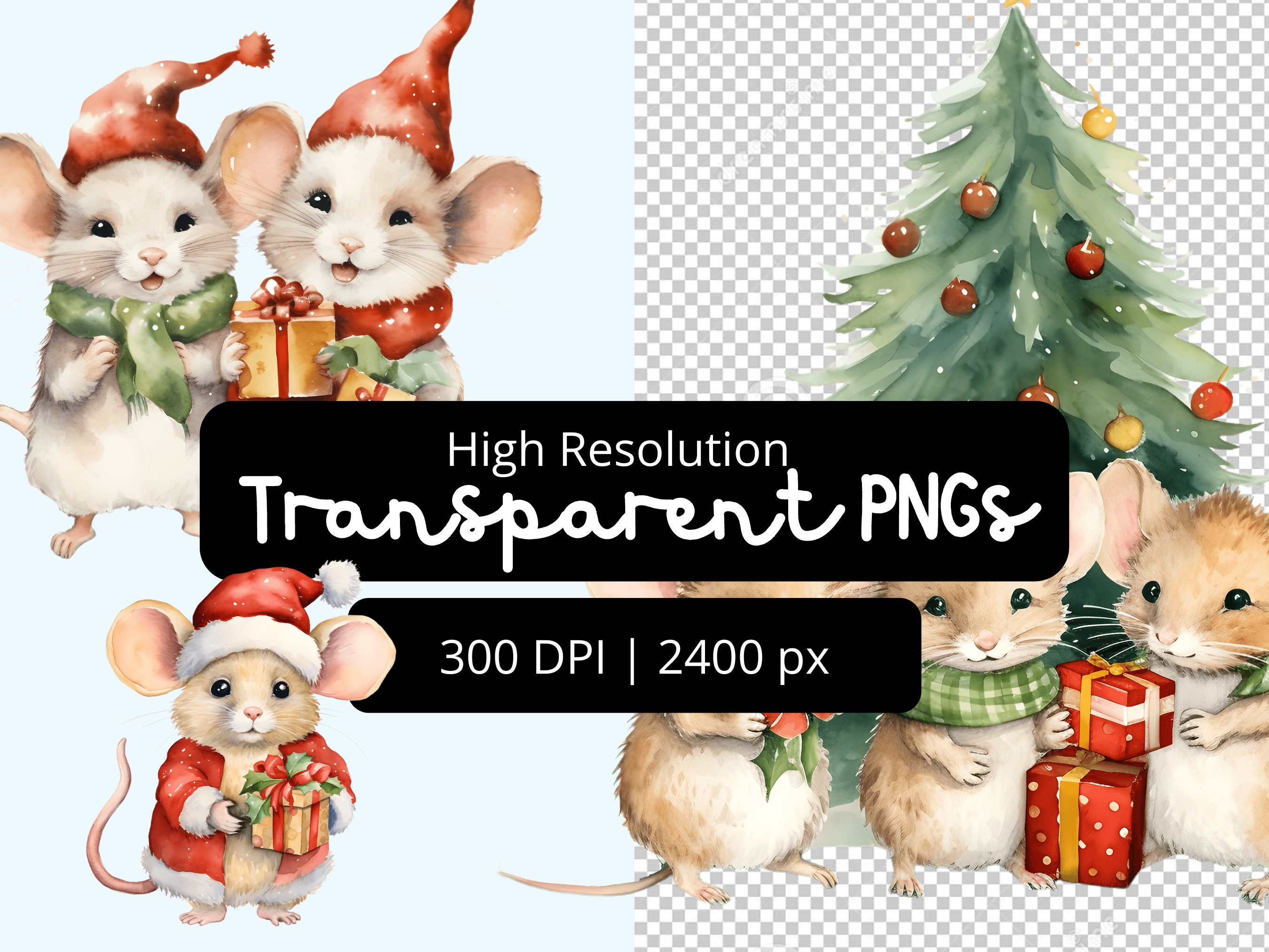 Watercolor Christmas Mice Clipart Set PNG | Winter Mouse Holiday Clip ...