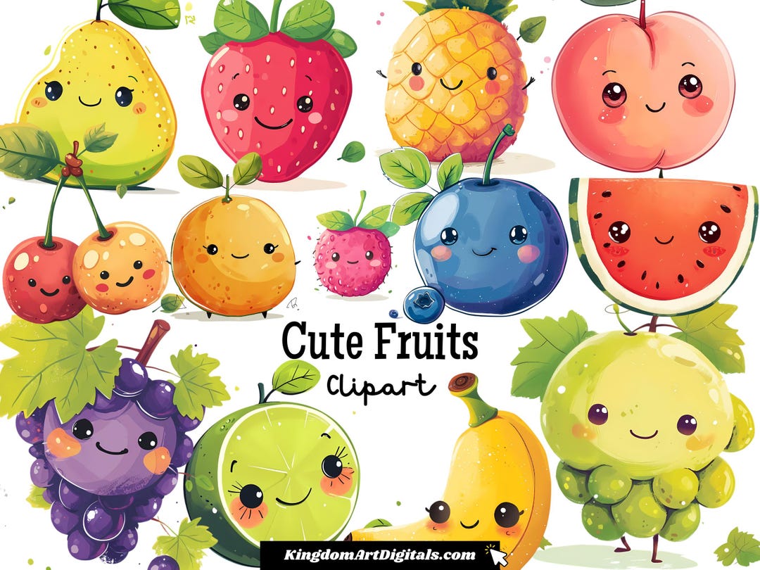 Cute Fruits Faces Clipart Set PNG | Adorable Watermelon Pineapple ...