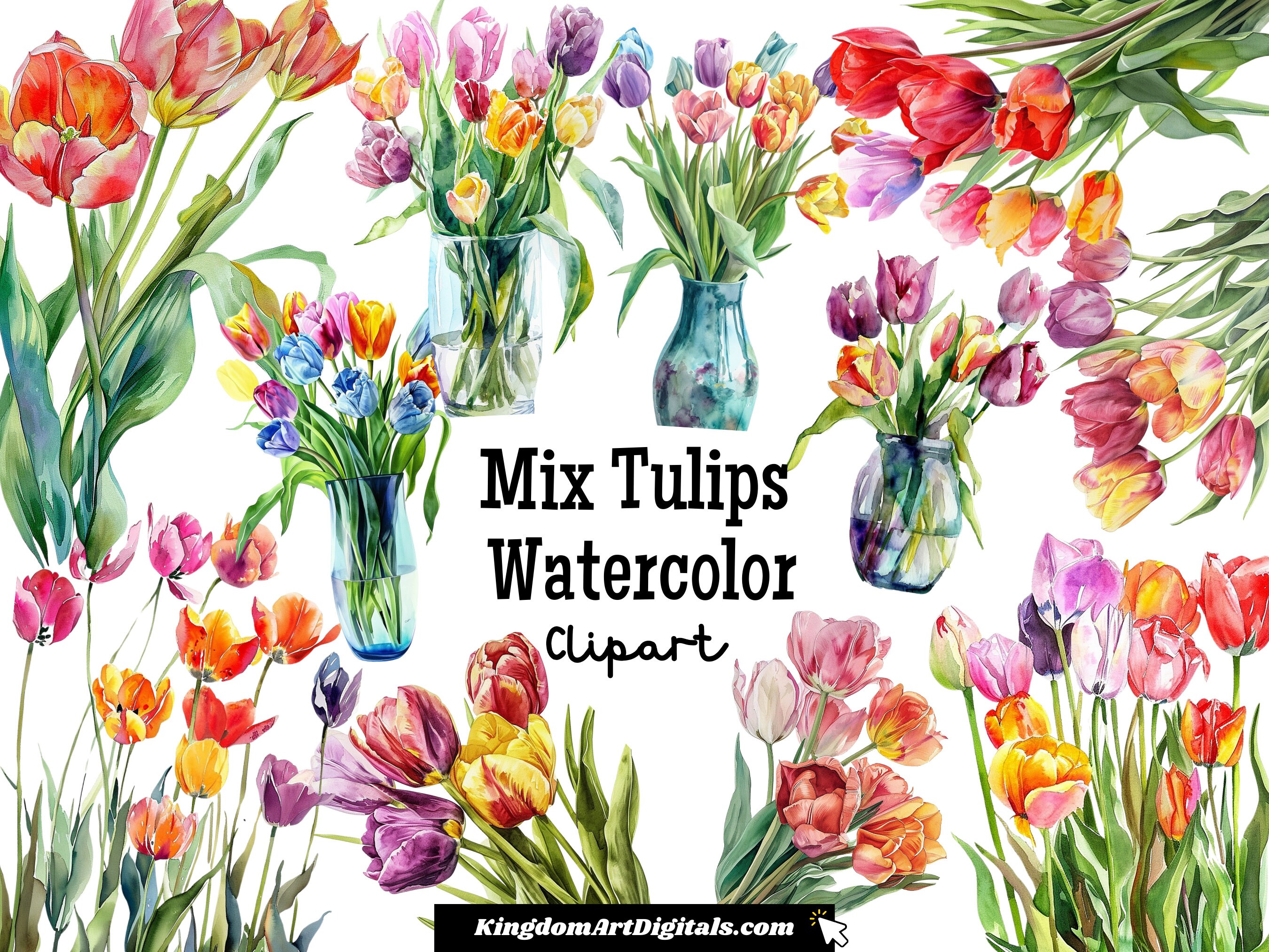 Watercolor Mixed Tulips Clipart Set| Colorful Fresh Flowers,wedding ...