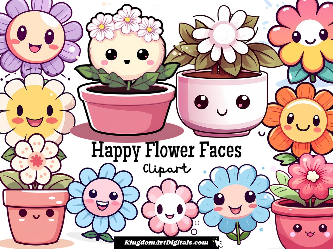 Happy Flower Faces Clipart Set PNG | Cheerful Bright Fun Colorful ...