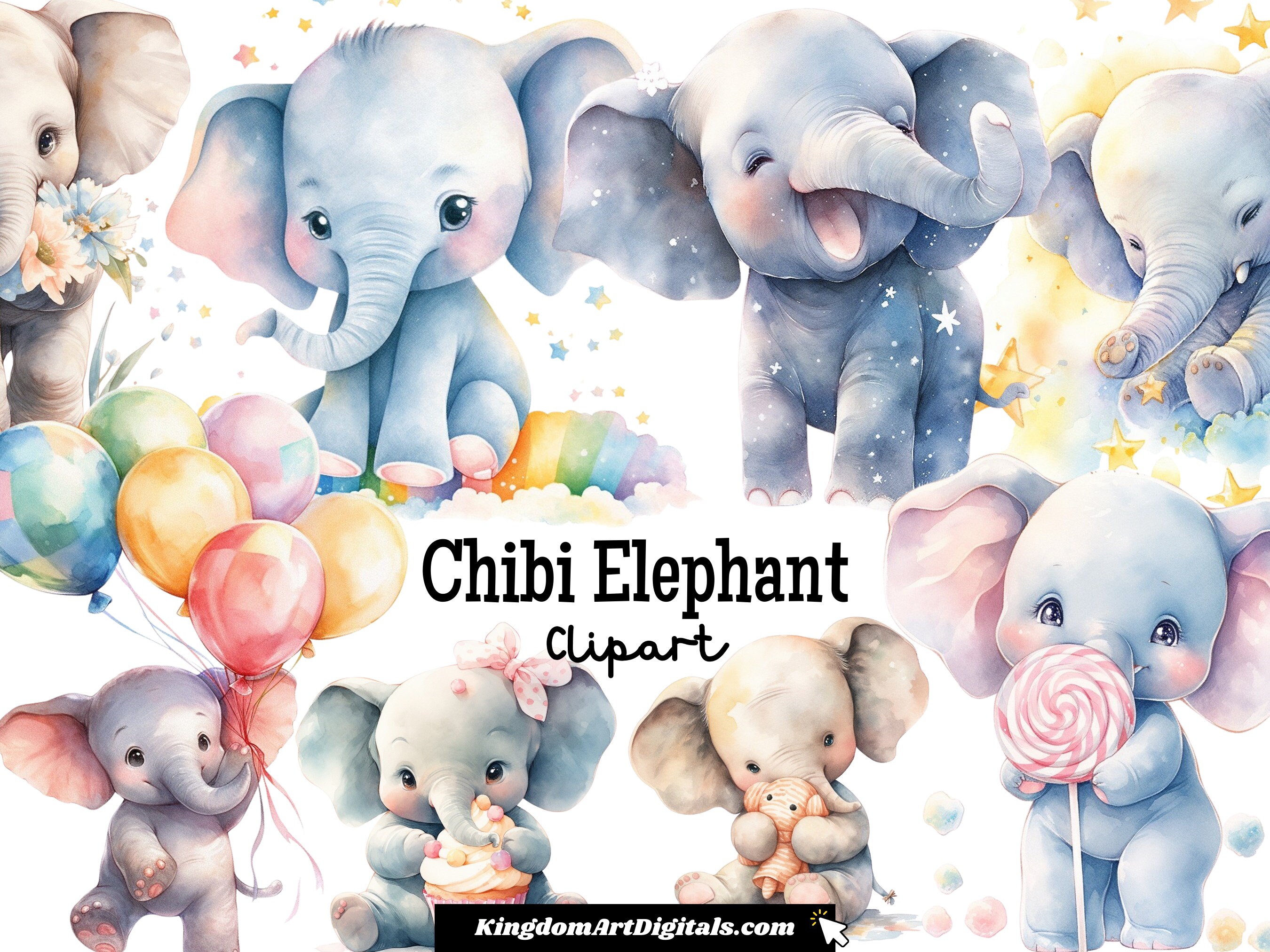 Chibi Elephant Clipart Set PNG | Kawaii Fun Animals Nature Safari ...