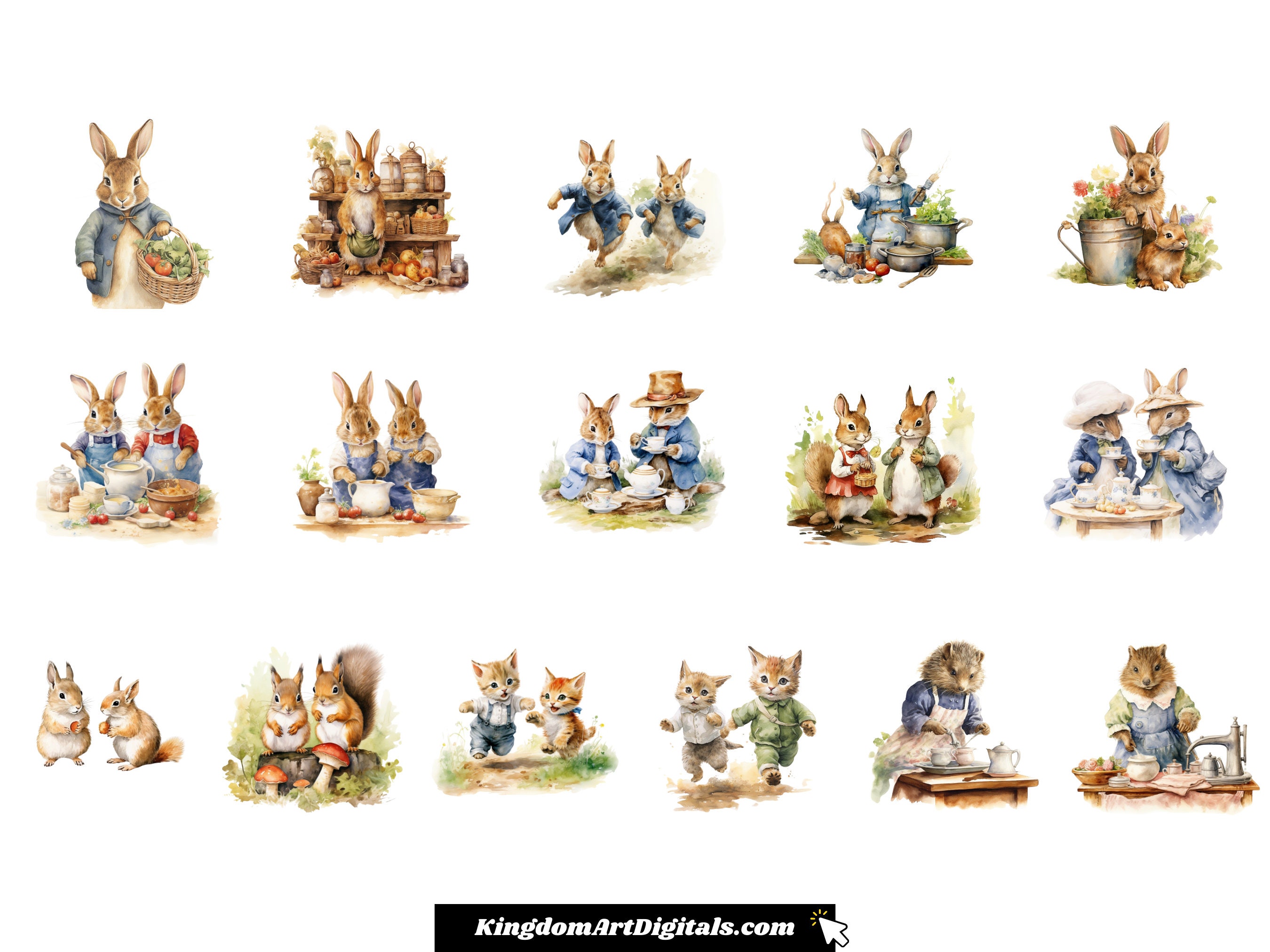 Garden Rabbits Clipart Set PNG | Nature Easter Animals Greenery Bunny ...