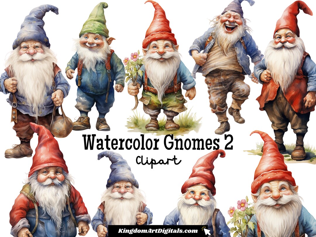 Watercolor Lawn Gnomes Clipart Set PNG | Whimsical Fantasy Dwarf Cute ...