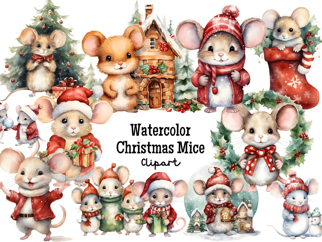 Watercolor Christmas Mice Clipart Set PNG | Winter Mouse Holiday Clip ...