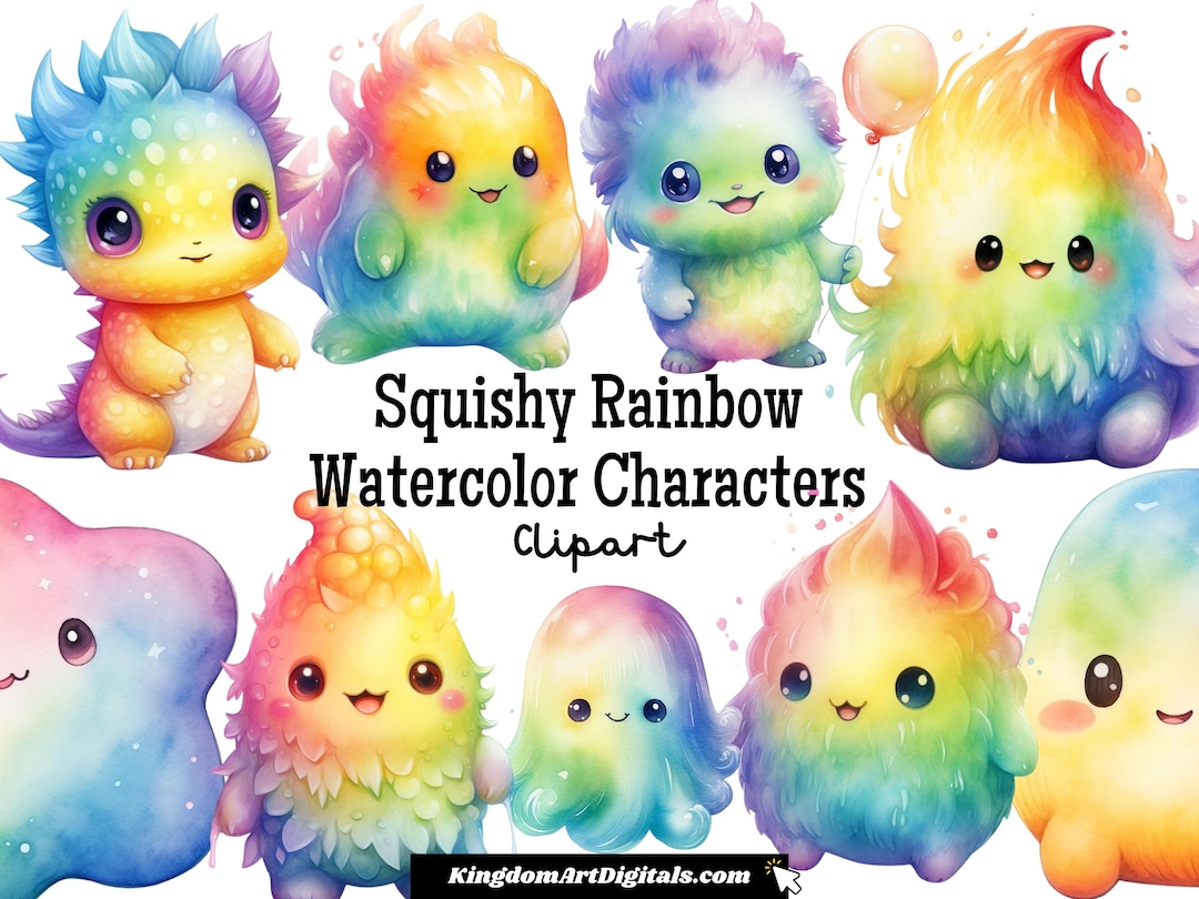 Watercolor Squishy Rainbow Characters -cute Clipart Set PNG | Adorable ...