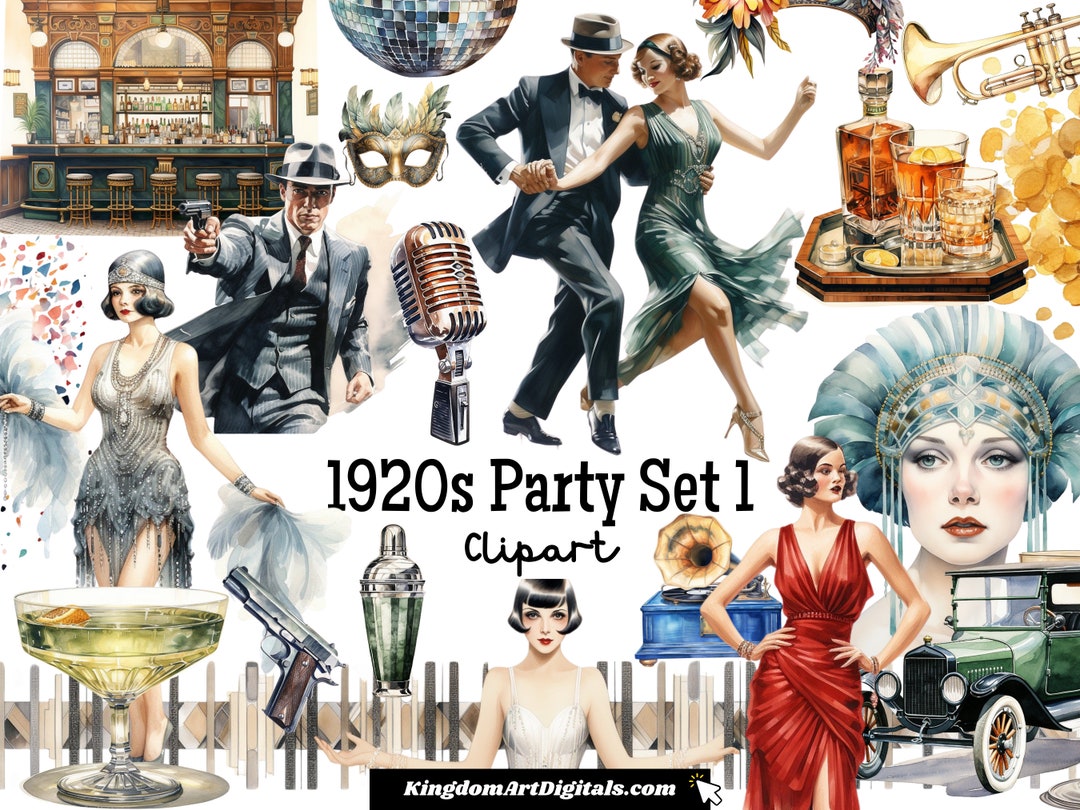 1920s Party Watercolor Clipart Set PNG New Years Eve Great Gatsby ...