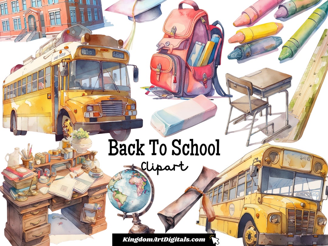 Back to School Clipart Set | School Bus First Day Campus,books and Pens ...