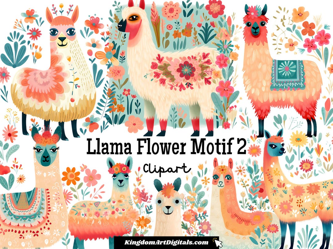 Llama Flower Motif 2 Clipart Set PNG | Colorful Soft Flower Printed ...