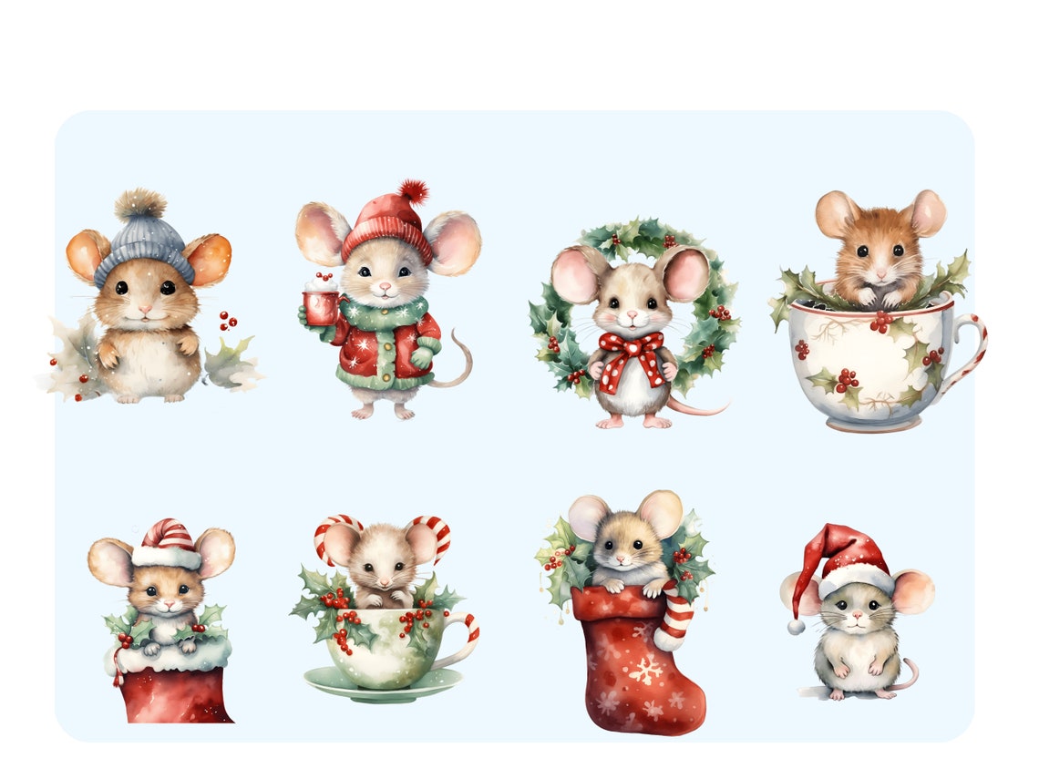 Watercolor Christmas Mice Clipart Set PNG | Winter Mouse Holiday Clip ...