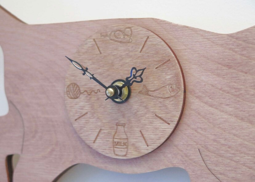 Cute Kitty Kitten Cat Clock Red Oil Stained Sustainably Sourced Birch ...